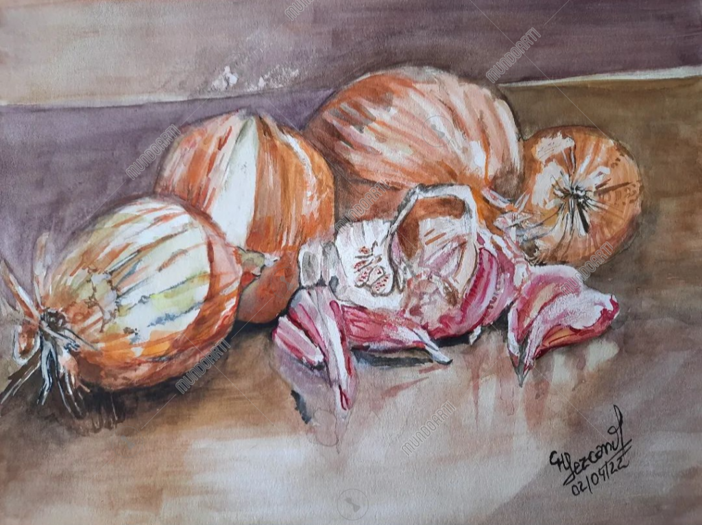 Bodegón cebollas y ajos